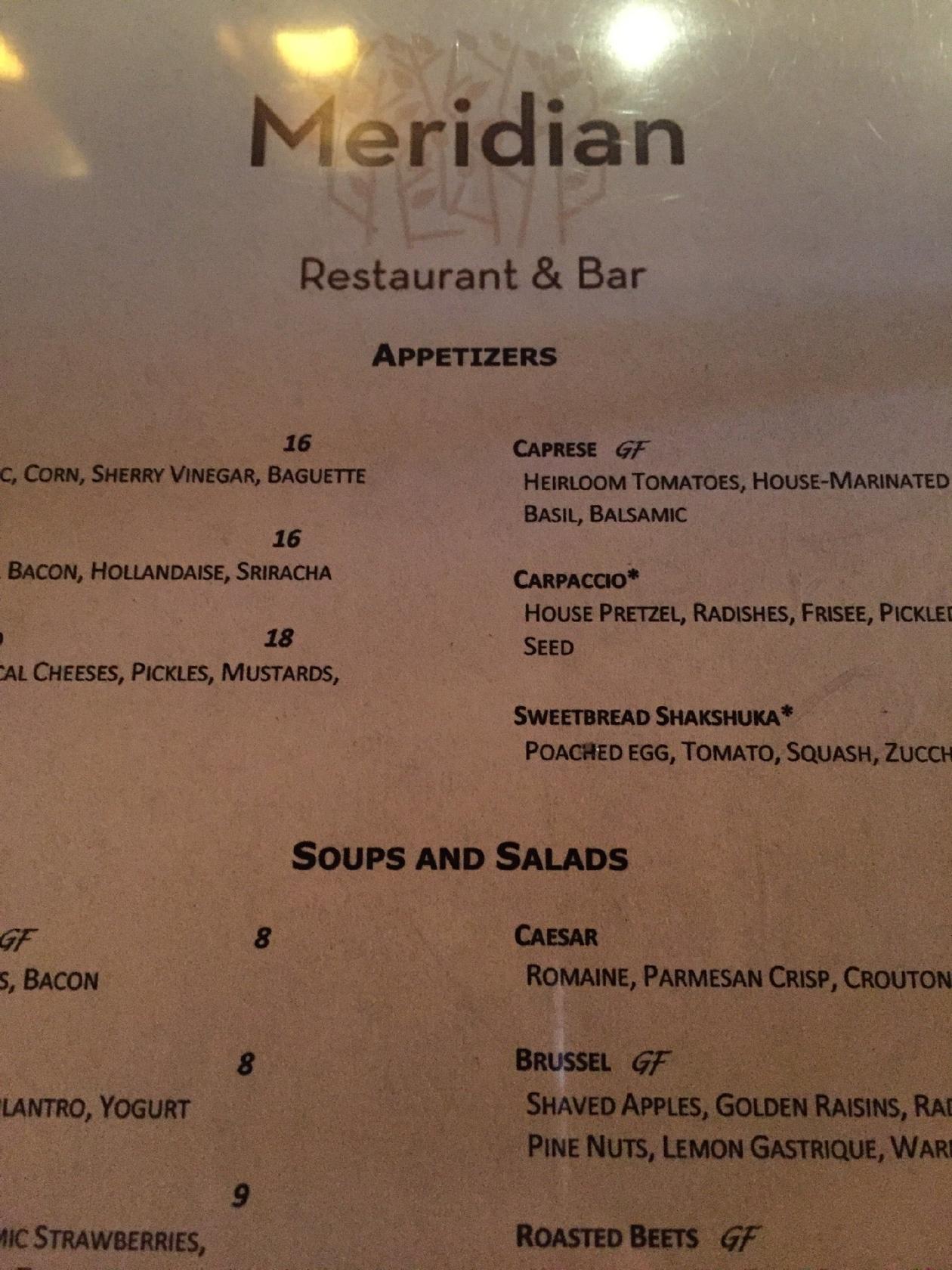 Menu at Meridian Restaurant & Bar, Indianapolis