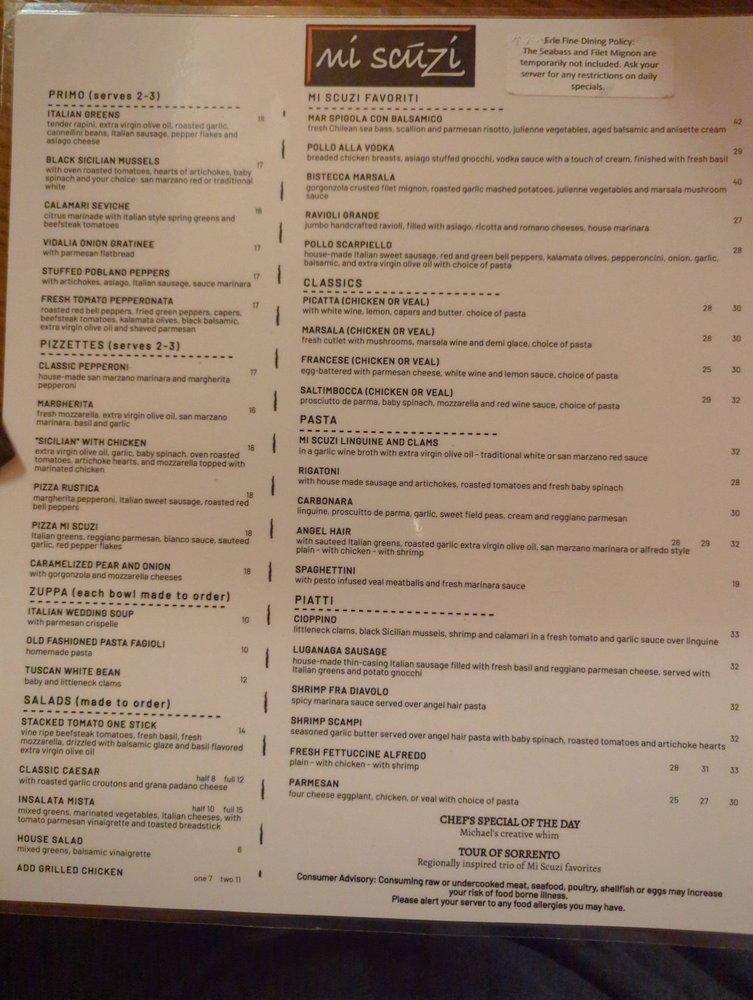 Menu at Mi Scuzi restaurant, Erie, Myrtle St