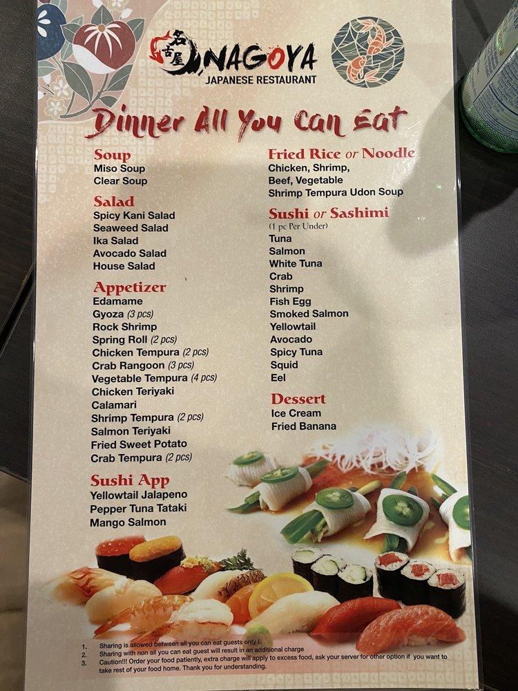 Menu at Nagoya Japanese Restaurant, Kentwood