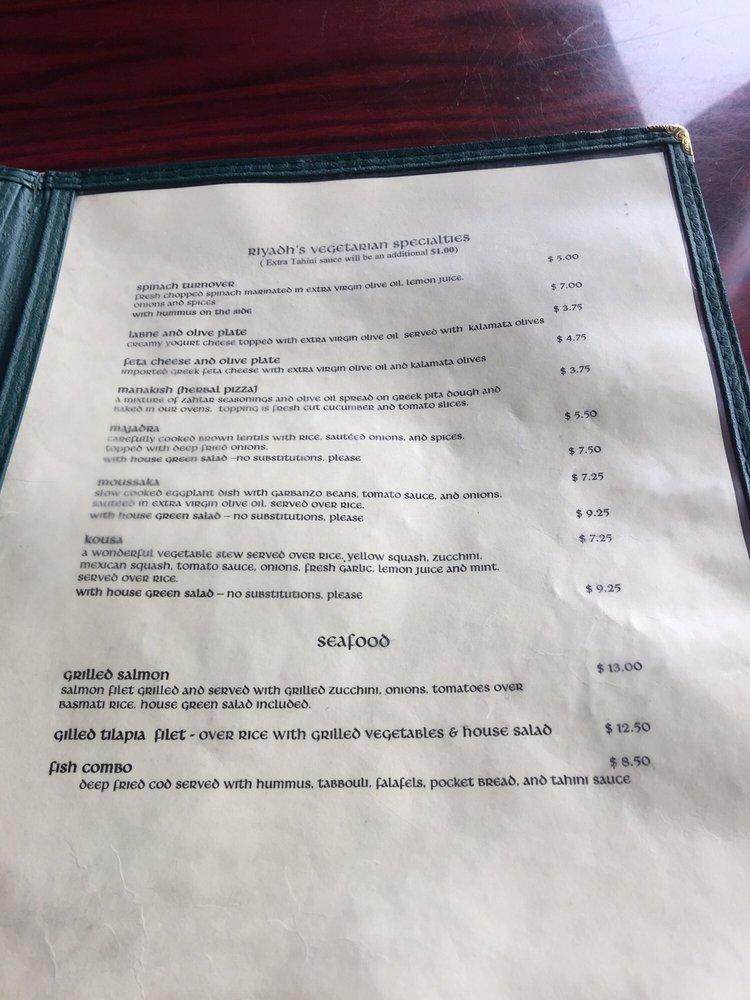 Menu at Riyadh's Lebanese Restaurant, Portland