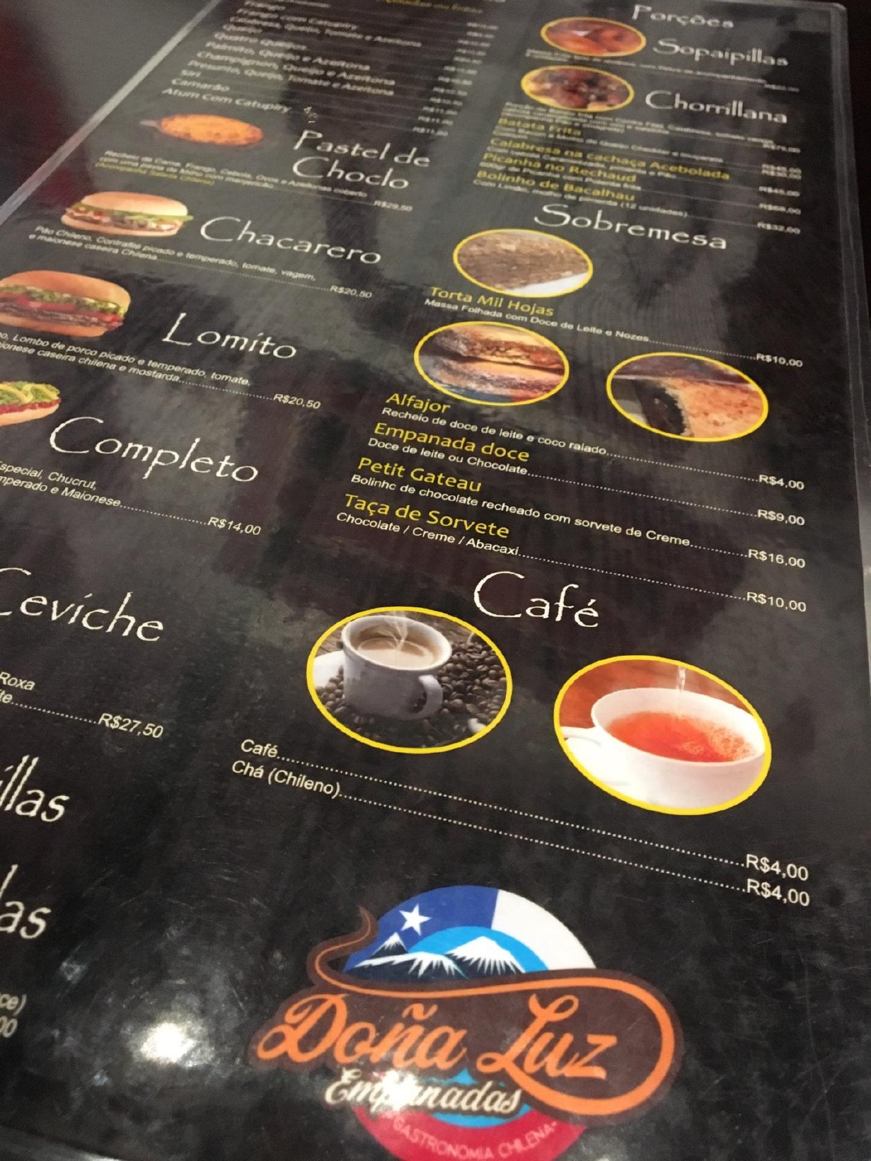 Menu at Dona Luz Empanadas restaurant, São Paulo, Rua Costa Aguiar 1425