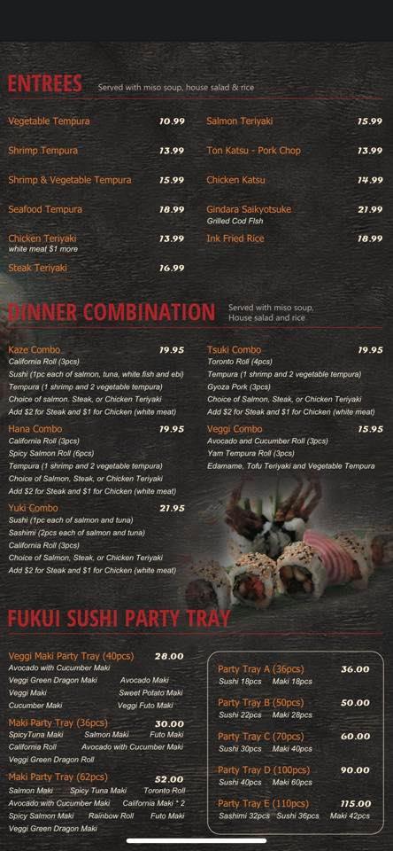 Menu at Fukui Sushi restaurant, Toronto