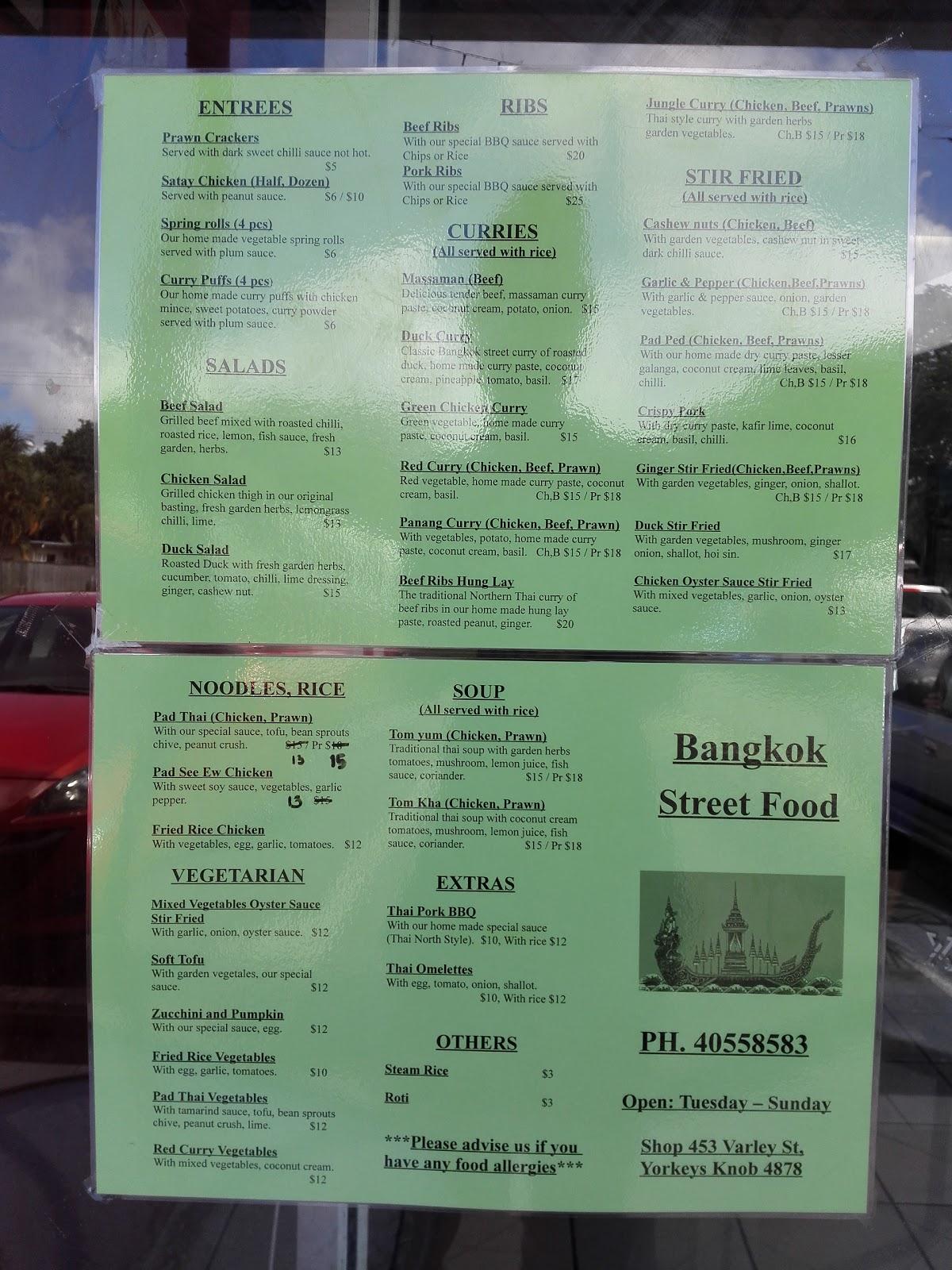 Menu at Thai Bangkok Street Food restaurant, Yorkeys Knob