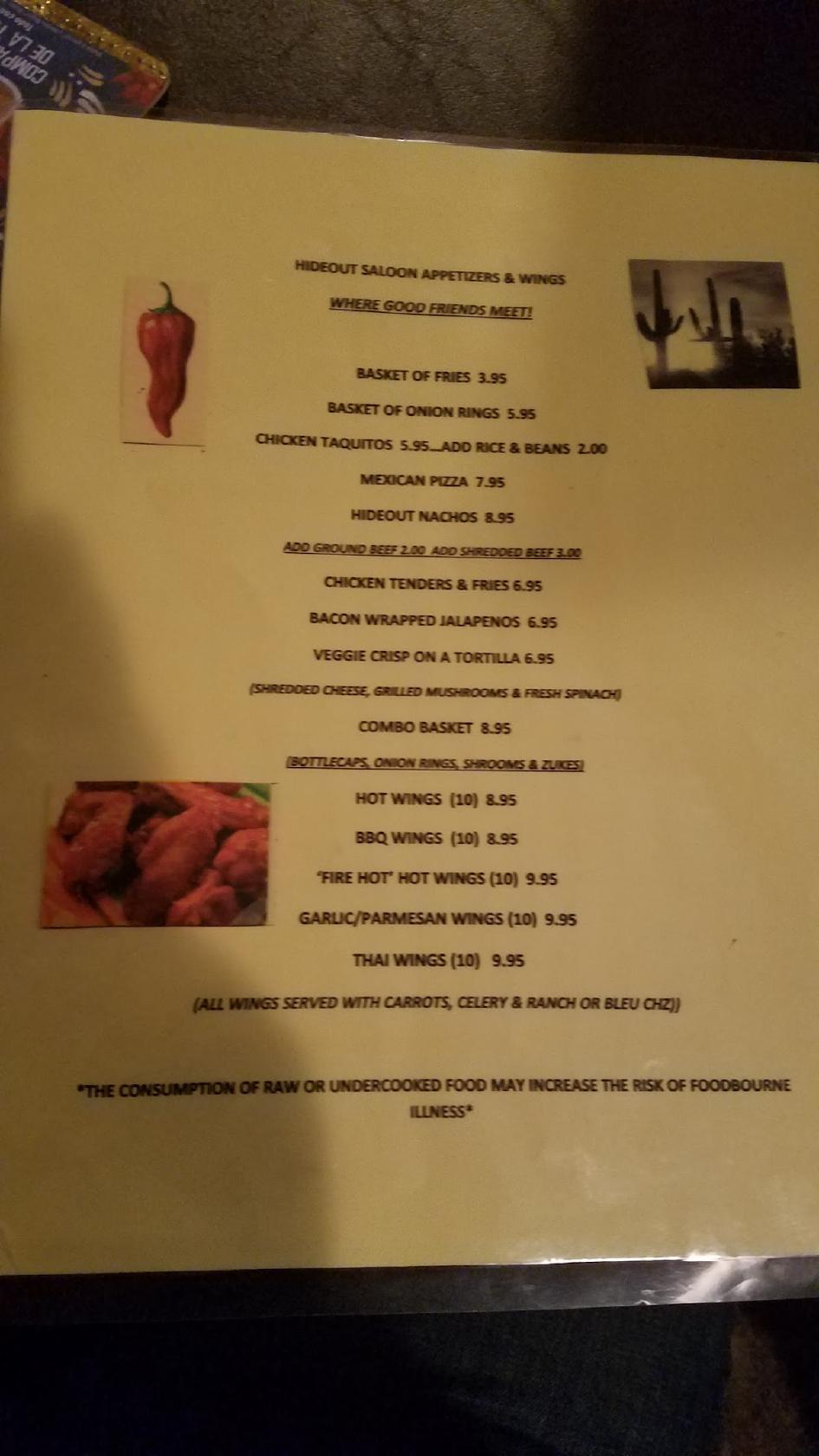 Menu at The Hideout Saloon pub & bar, Tucson, S Sherwood Village Dr