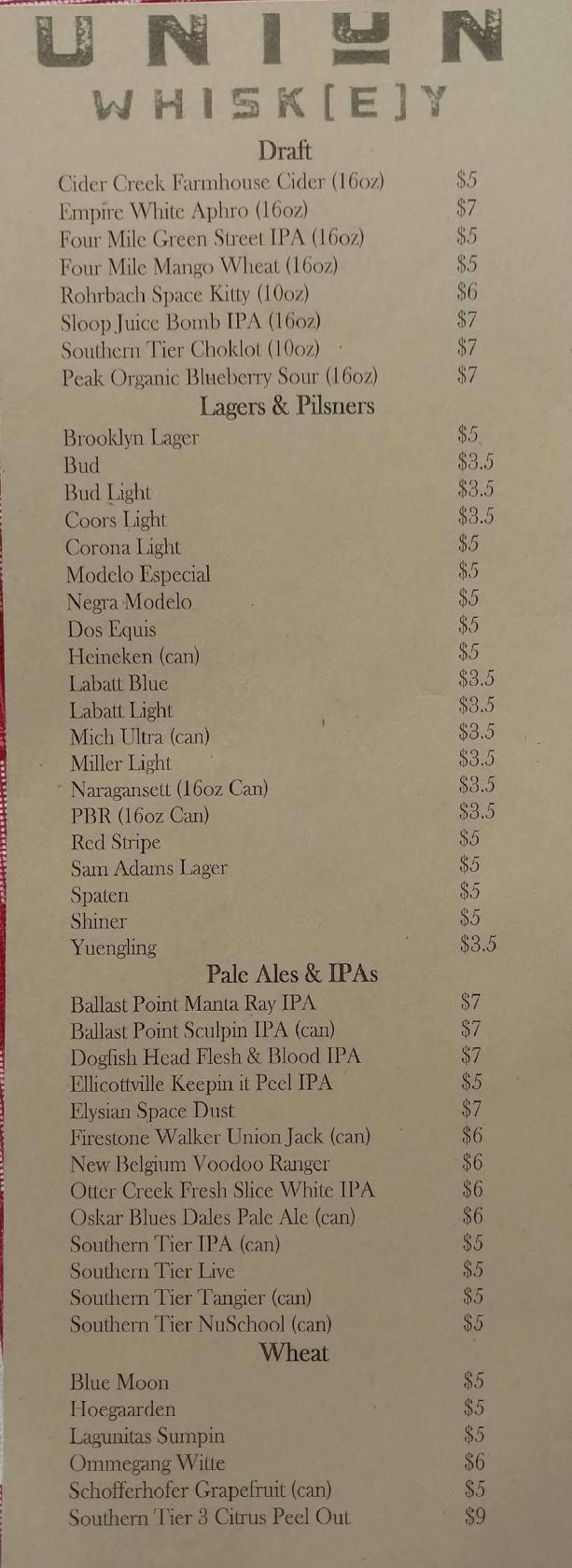 Menu at Union Whiskey pub & bar, Olean