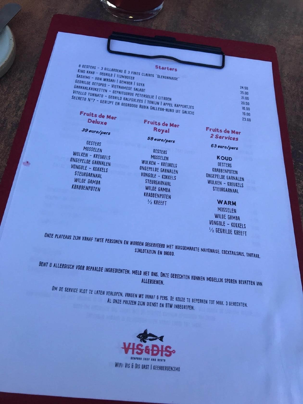 Menu at Vis & Dis, Keerbergen