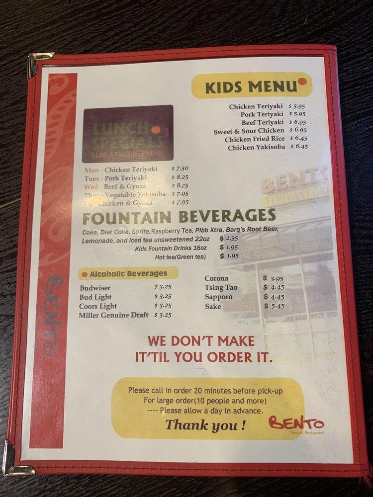 Menu at Bento Teriyaki restaurant, Richland