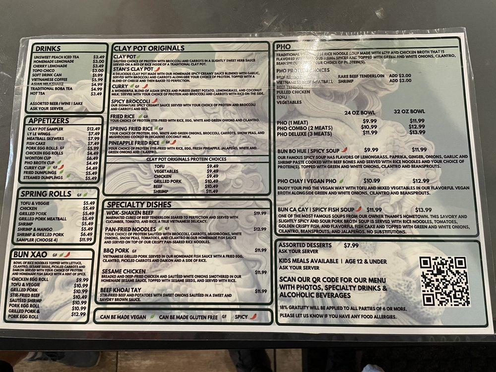 Menu at Clay Pot Restaurant, Waco, 416 Franklin Ave