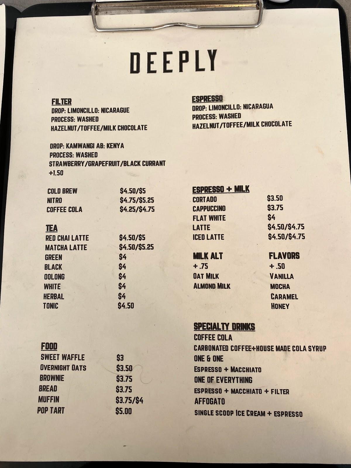 Menu at Deeply Cafe and Bottle Shop, Orlando