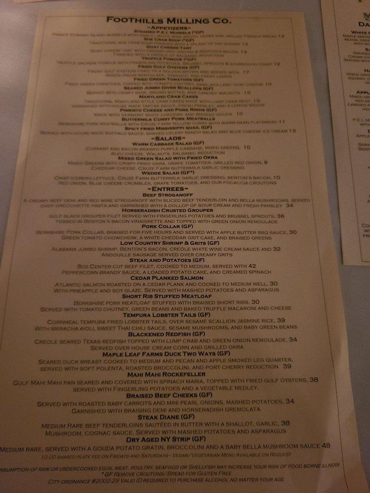 Menu at Foothills Milling Co restaurant, Maryville