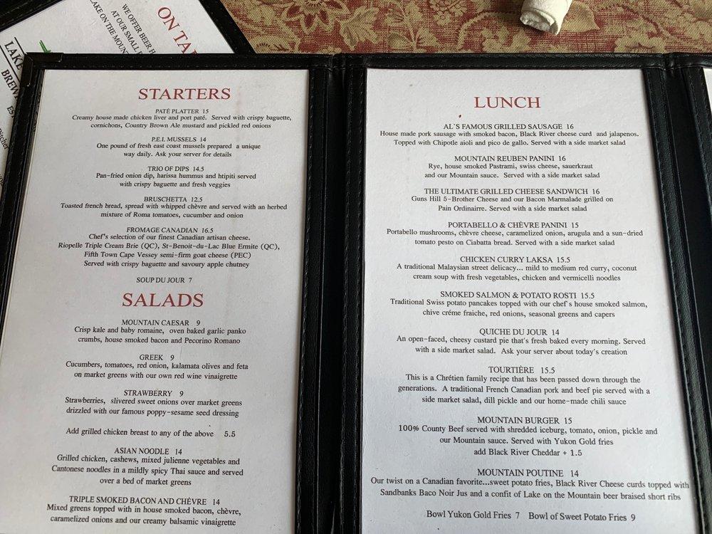 Menu at Lake On The Mountain Resort restaurant, Prince Edward