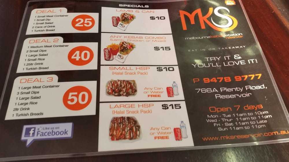Menu at Melbourne Kebab Station reservoir restaurant, Reservoir