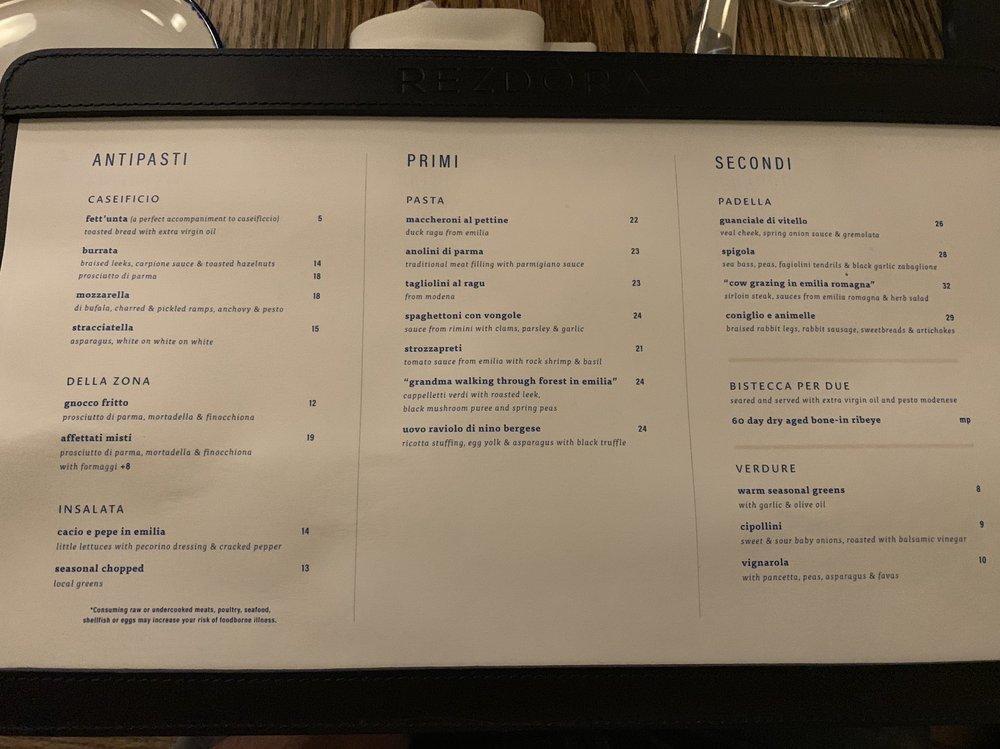 Menu at Rezdôra restaurant, New York City