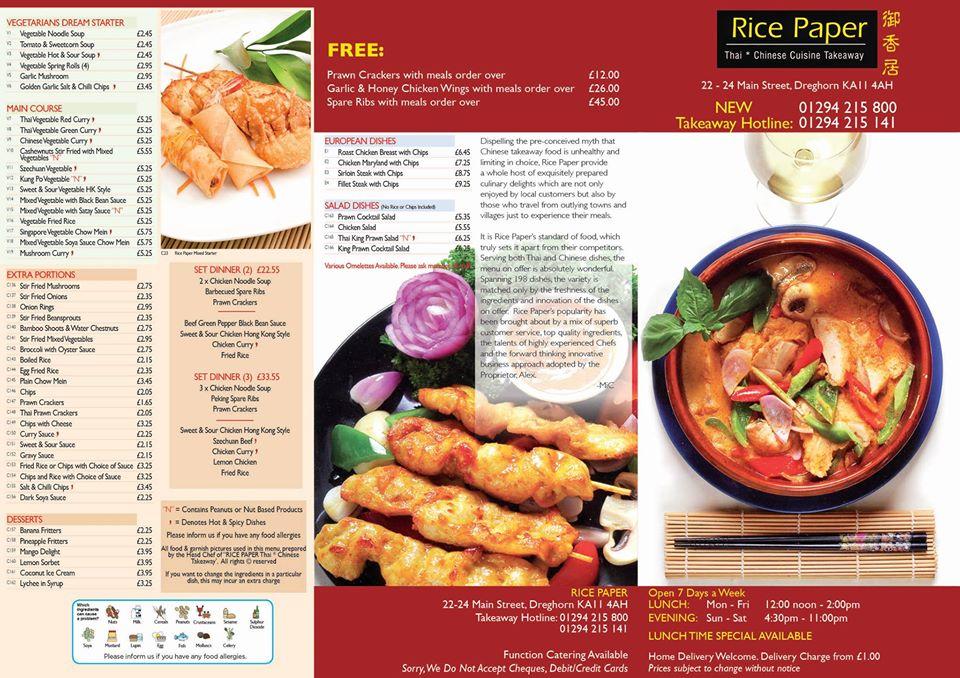 Menu at Rice Paper Thai & Chinese Takeaway restaurant, Irvine
