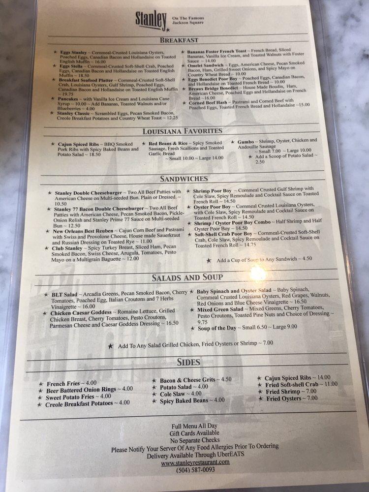 Menu at Stanley of New Orleans restaurant, New Orleans