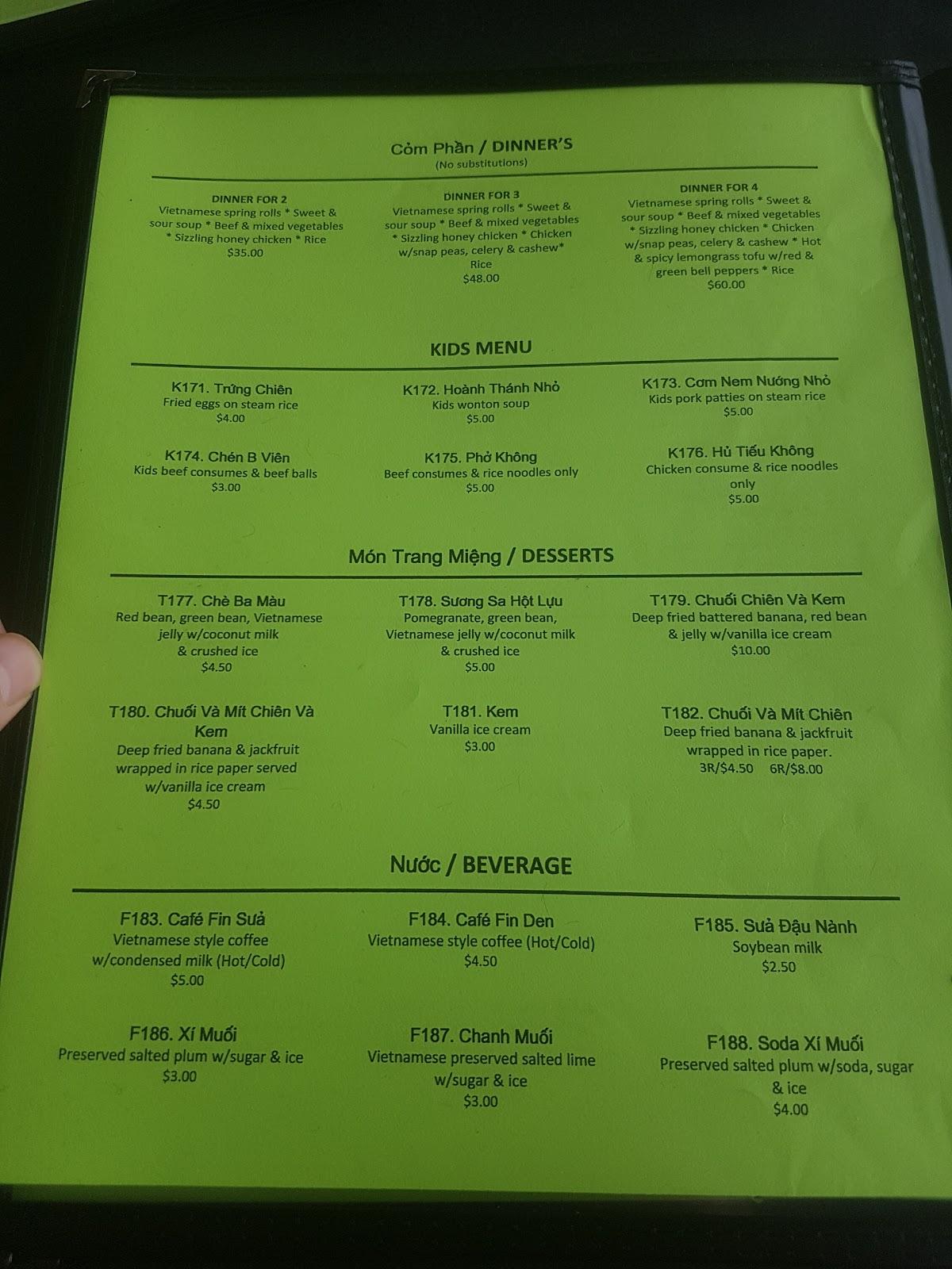 Menu at T.H. Dang Restaurant, Winnipeg