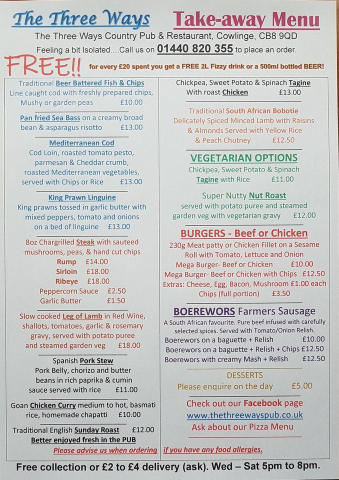Menu at The Three Ways Country Pub and Restaurant, Cowlinge