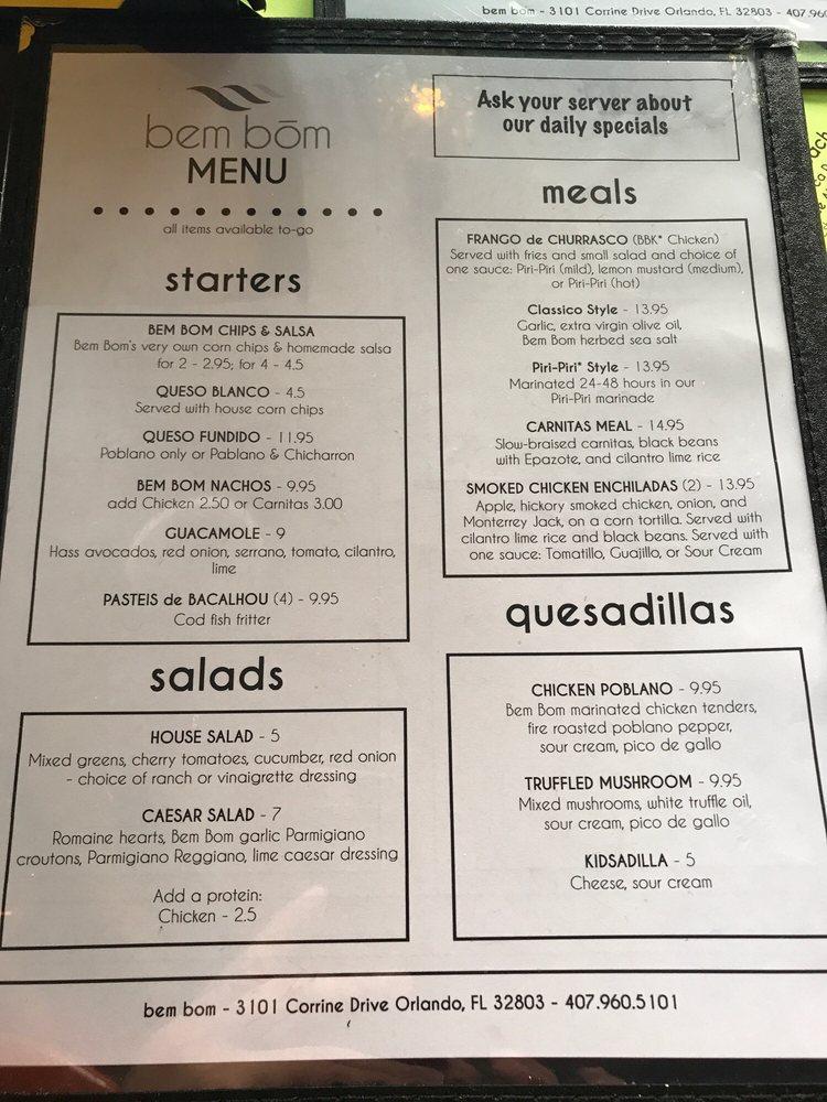 Menu at Bem Bom on Corrine pub & bar, Orlando