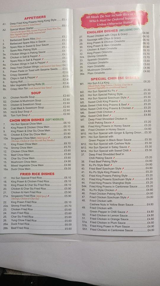Menu at Hoi Sun Chinese Takeaway fast food, Brampton