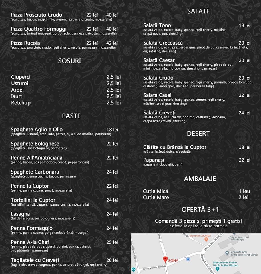Menu at ZONA, Lugoj