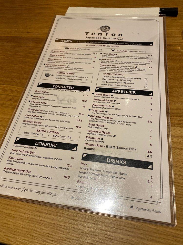Menu at Tenton Ramen N Tonkatsu restaurant, West Vancouver
