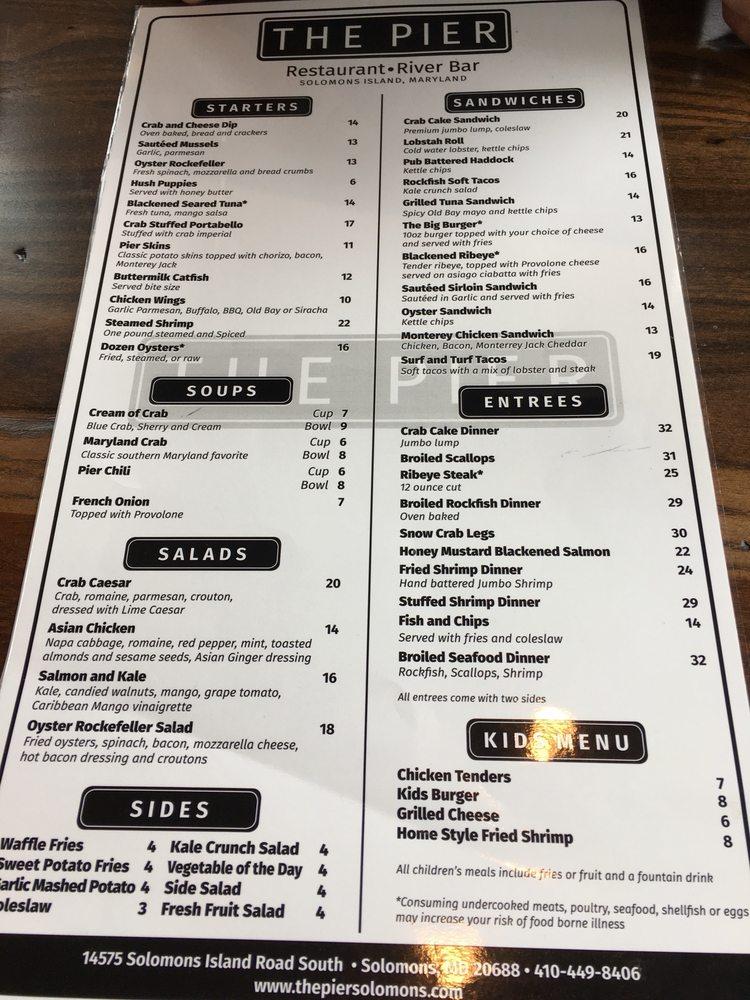 Menu at The Pier Restaurant (Solomons Island, MD), Solomons