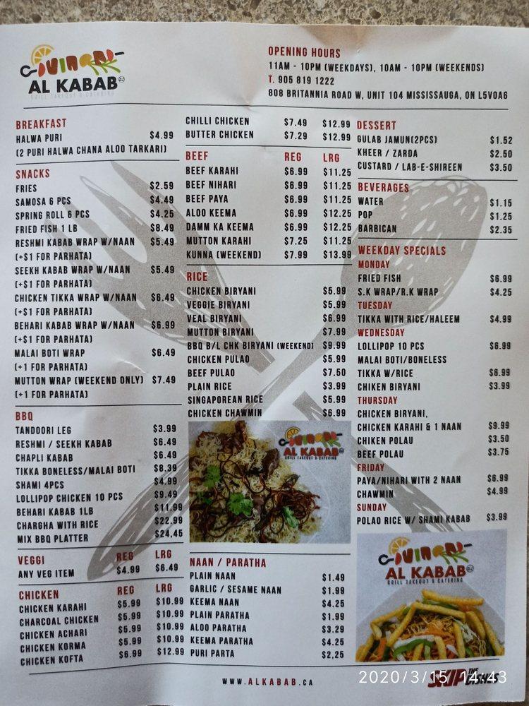 Menu at Al Kabab restaurant, Mississauga