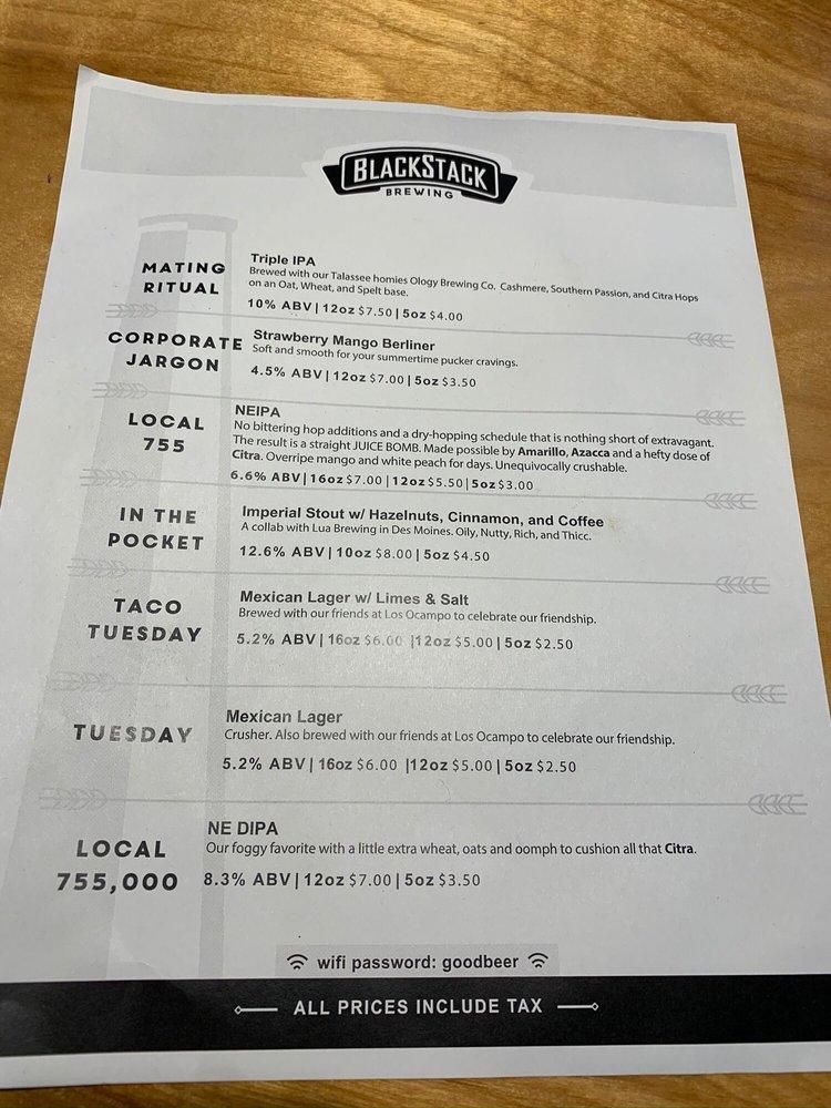 Menu at BlackStack Brewing pub & bar, Saint Paul