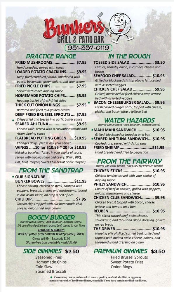 Menu at Bunkers Grill and Patio Bar, Crossville