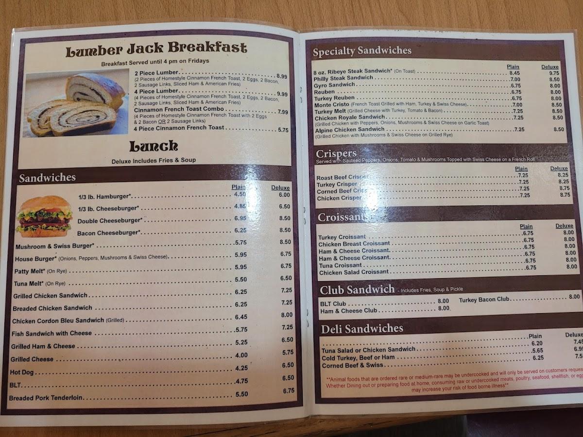 Menu at Cafe On the Park, Lake Mills