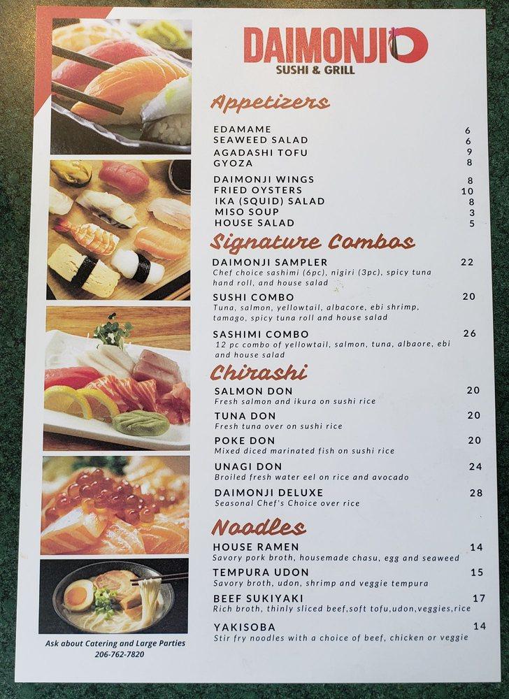 Menu at Daimonji Sushi & Grill restaurant, Seattle