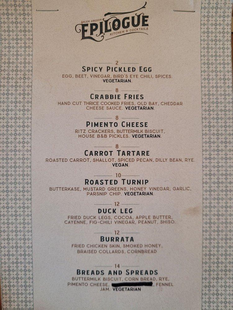 Menu at Epilogue Kitchen and Cocktails pub & bar, Salem
