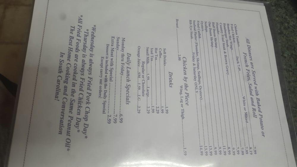 Menu at Evelyn's Diner restaurant, Bonneau, 904 Black Oak Rd