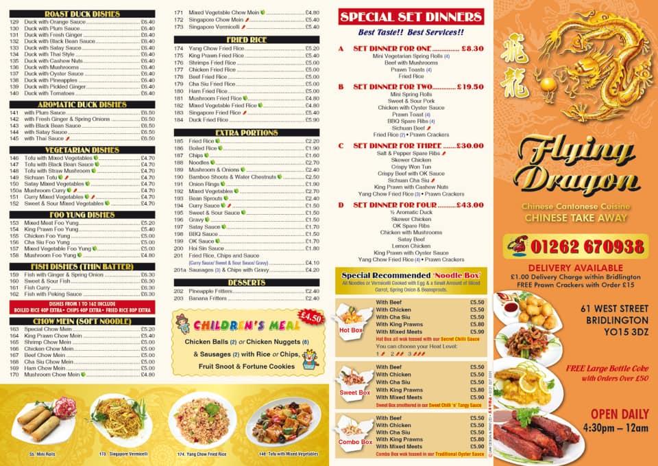 Menu at Flying Dragon restaurant, Bridlington