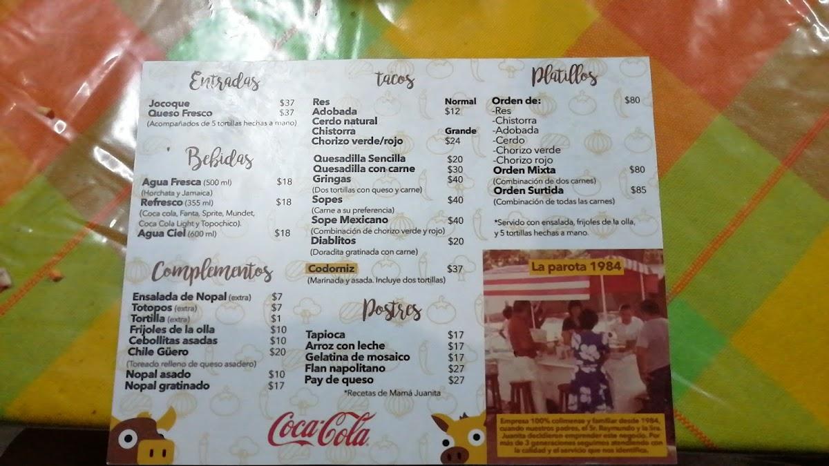 Carta del restaurante La Parota; D' mundo, Colima