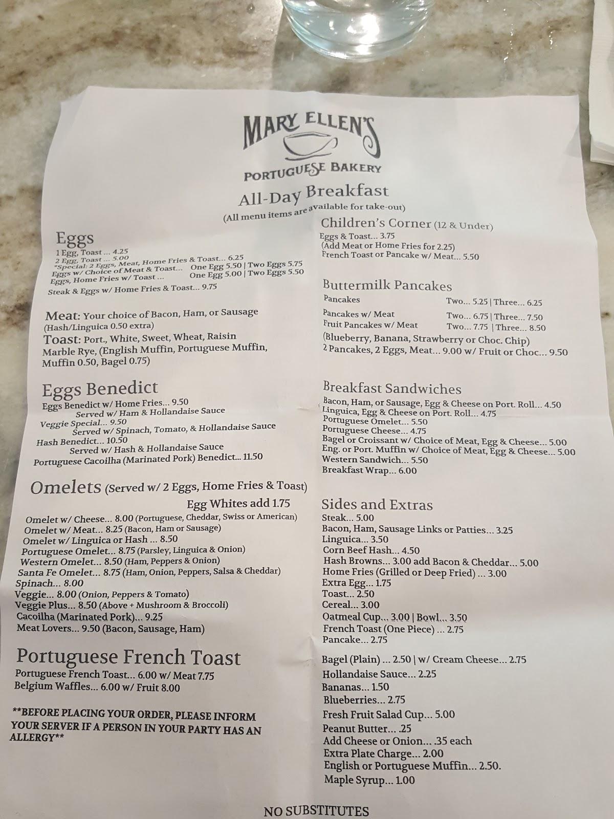 Menu at Mary Ellen's Portuguese Bakery, Falmouth