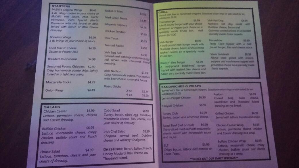 Menu at McDill's Irish Pub, Collinsville