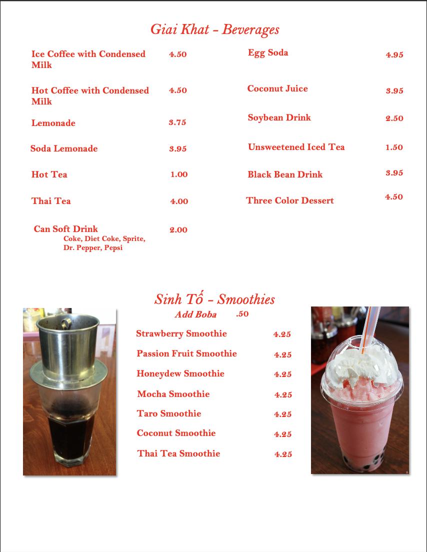 Menu at Pho Saigon Shophouse restaurant, Fresno