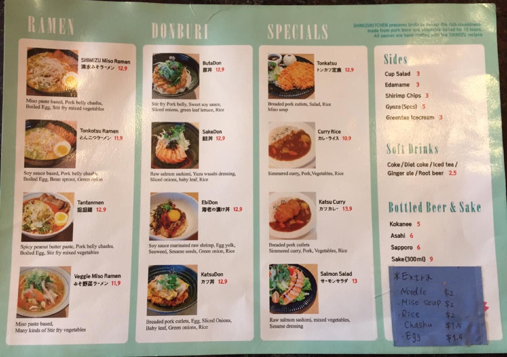 Menu at SHIMIZU KITCHEN restaurant, Calgary
