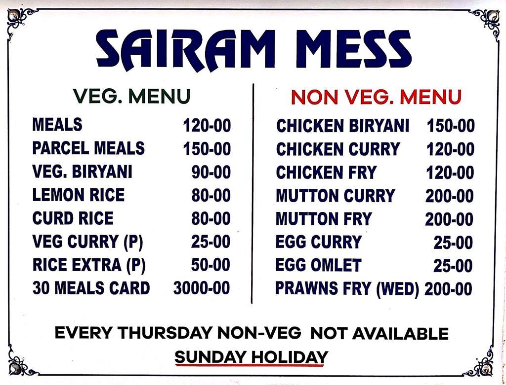 Menu at Sai Ram Mess, Hyderabad, Patrika Nagar Rd