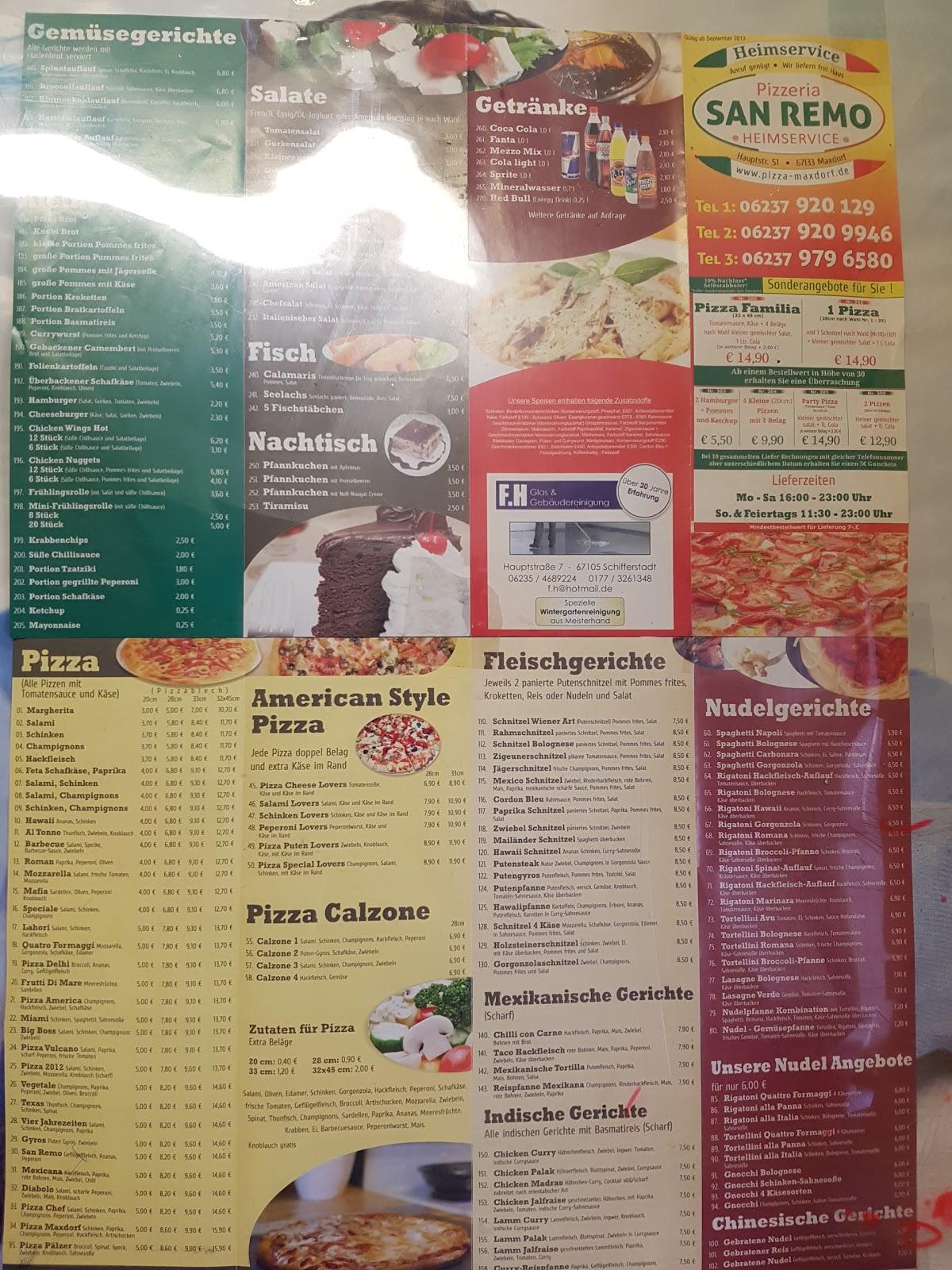 Speisekarte von Pizzeria San Remo, Maxdorf