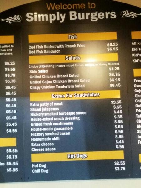 Menu at Simply Burgers restaurant, Fort Worth