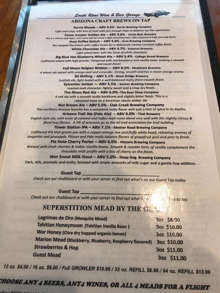 Menu at South Rims Wine & Beer Garage pub & bar, Williams