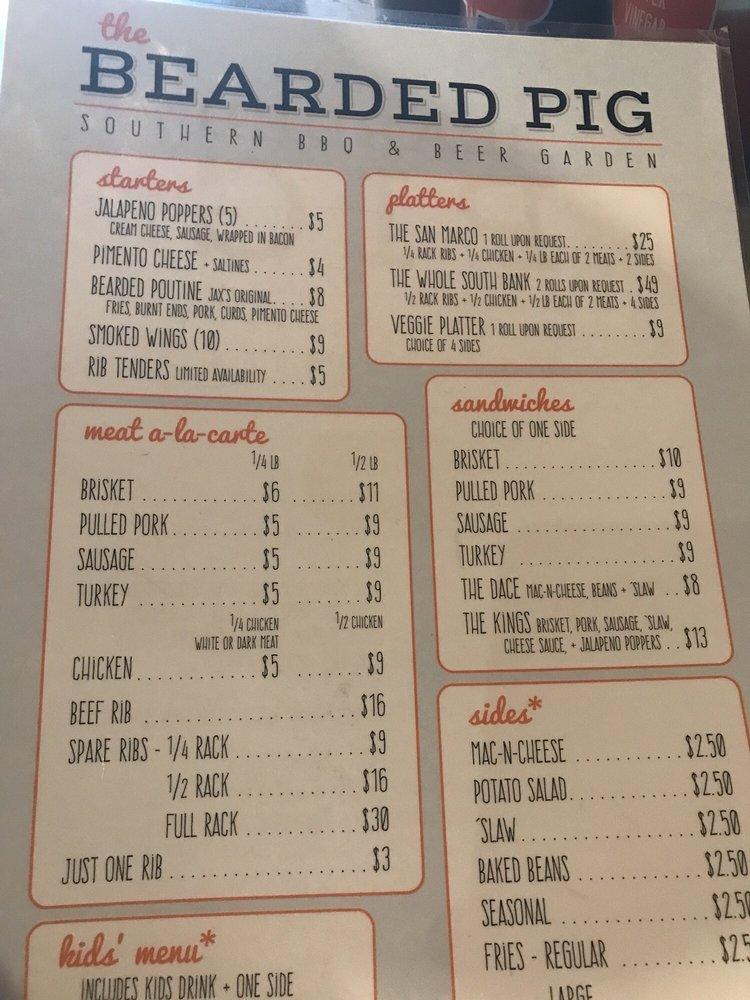 Menu at The Bearded Pig BBQ, Jacksonville, Kings Ave