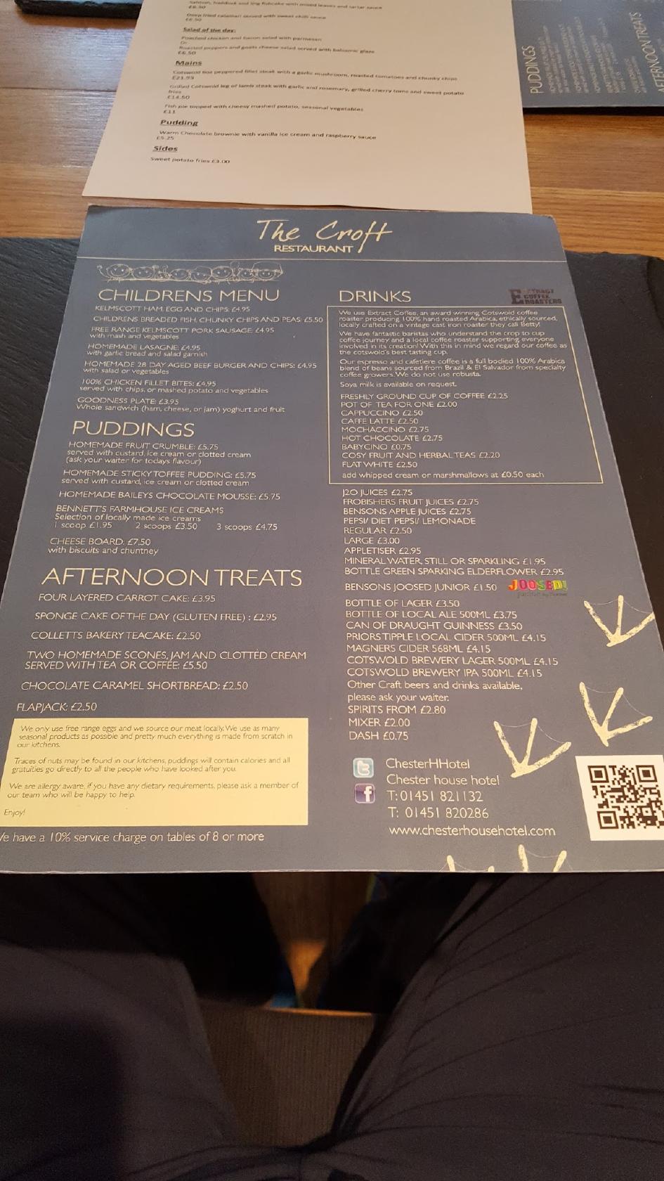 Menu at The Croft Restaurant, Bourton-on-the-Water