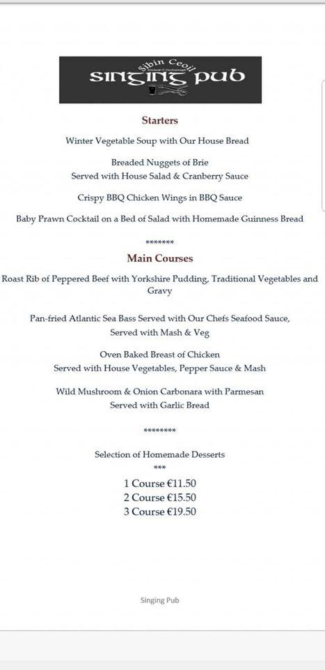 Menu at The Singing Pub, Downings, Clontallagh