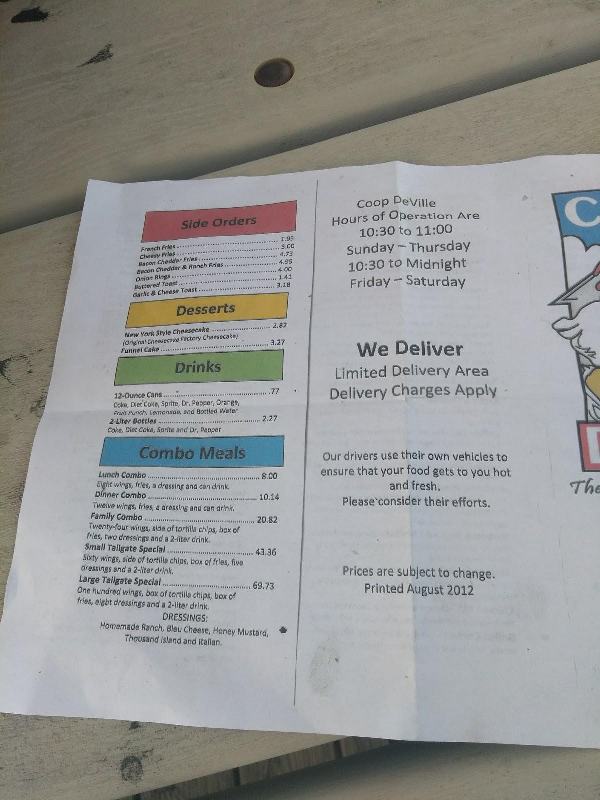 Menu at Coop DeVille restaurant, Jacksonville