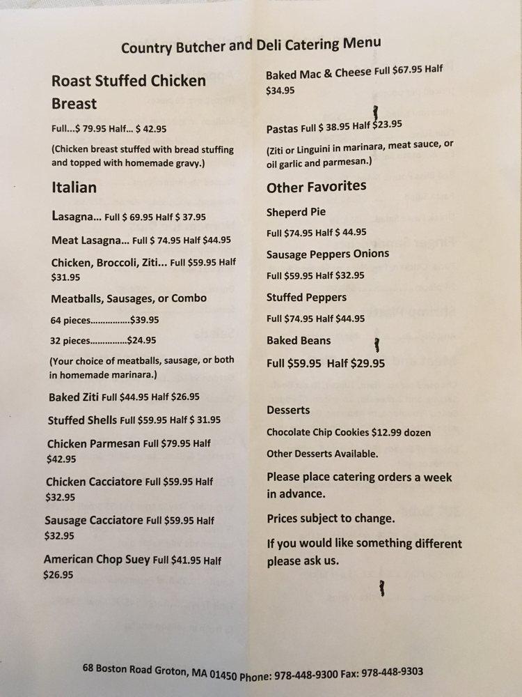 Menu at Country Butcher and Deli restaurant, Groton