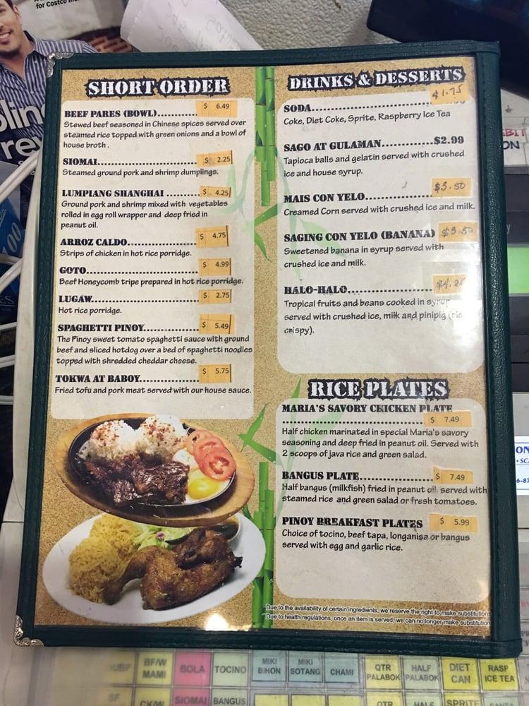 Menu at Maria's Kusina restaurant, Buena Park