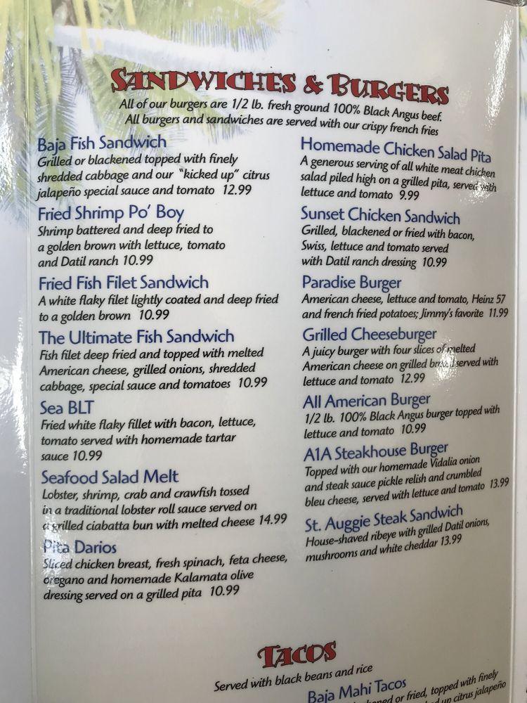 Menu at Sunset Grille pub & bar, St. Augustine, 421 A1A Beach Blvd